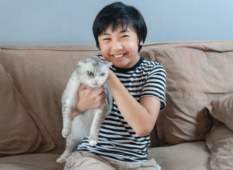 Little Boy Play with Cute Cat at Home Stock Photo - Image of beautiful ...