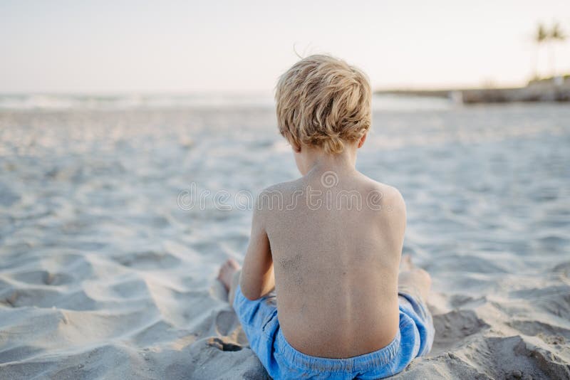 Little Boy Playing on the Beach, Rear View. Stock Image - Image of ...
