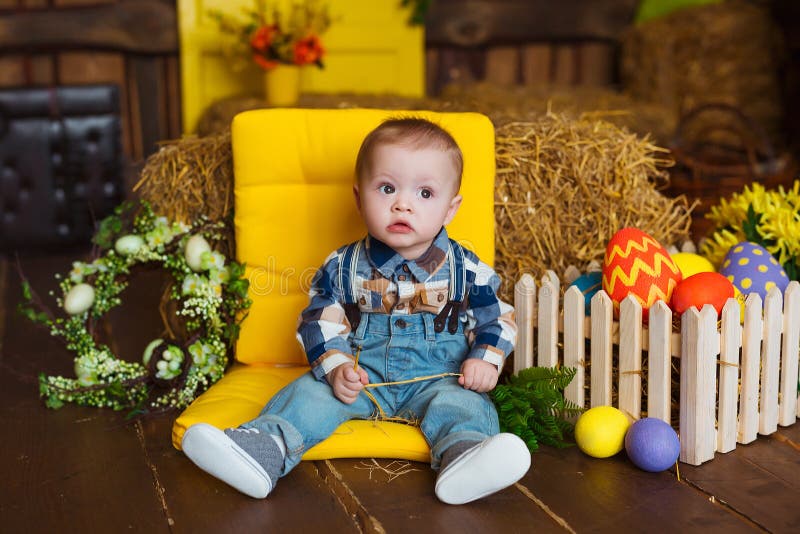 Little Boy Playing Indoor. Spring Easter Fun for Children. Happy ...