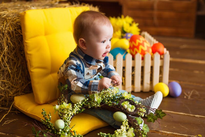 Little Boy Playing Indoor. Spring Easter Fun for Children. Happy ...