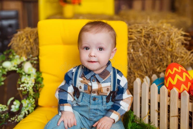 Little Boy Playing Indoor. Spring Easter Fun for Children. Happy ...