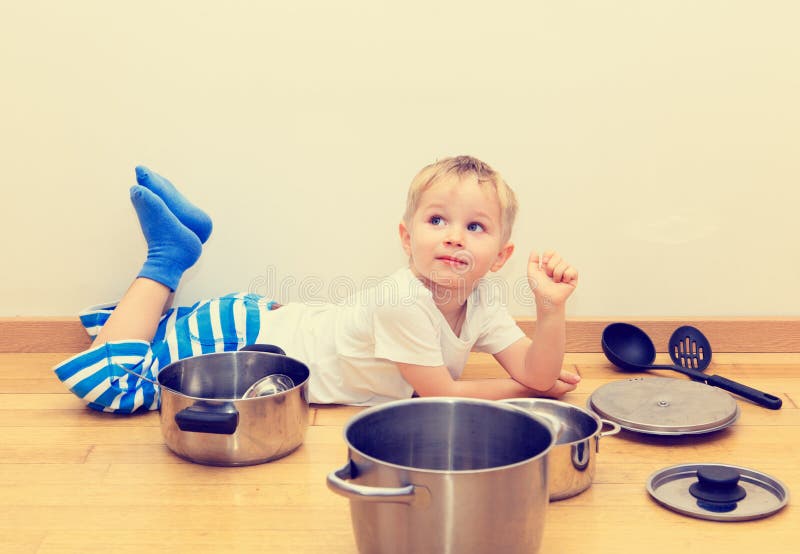 Boy Playing with Kitchen Utensils Stock Image - Image of lovely, cute ...