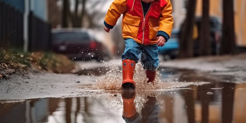 Little Boy Playing in Puddle, Generative AI Stock Illustration ...