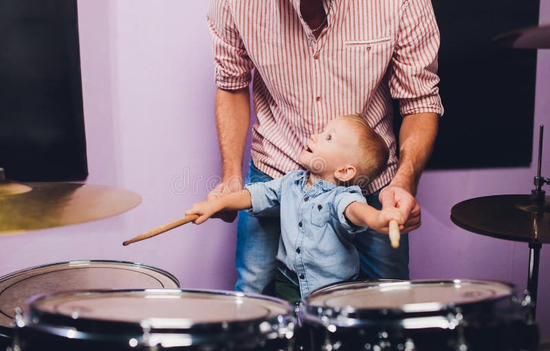 Little Boy Plays Drums in Recording Studio. Stock Image - Image of kids ...