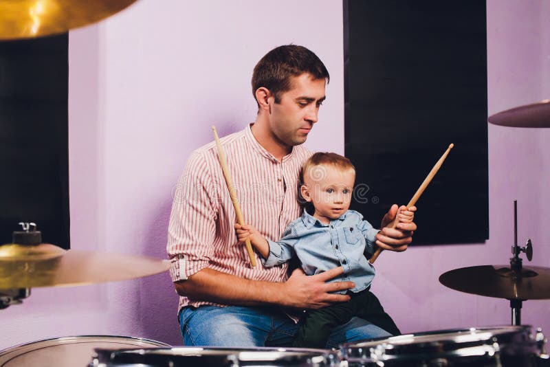 Little Boy Plays Drums in Recording Studio. Stock Photo - Image of ...