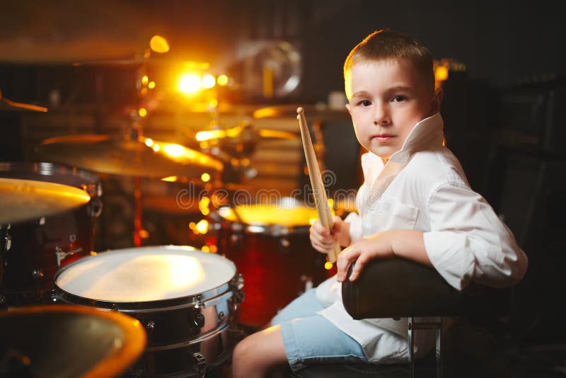 Boy Plays Drums in Recording Studio Stock Image - Image of happy, drums ...