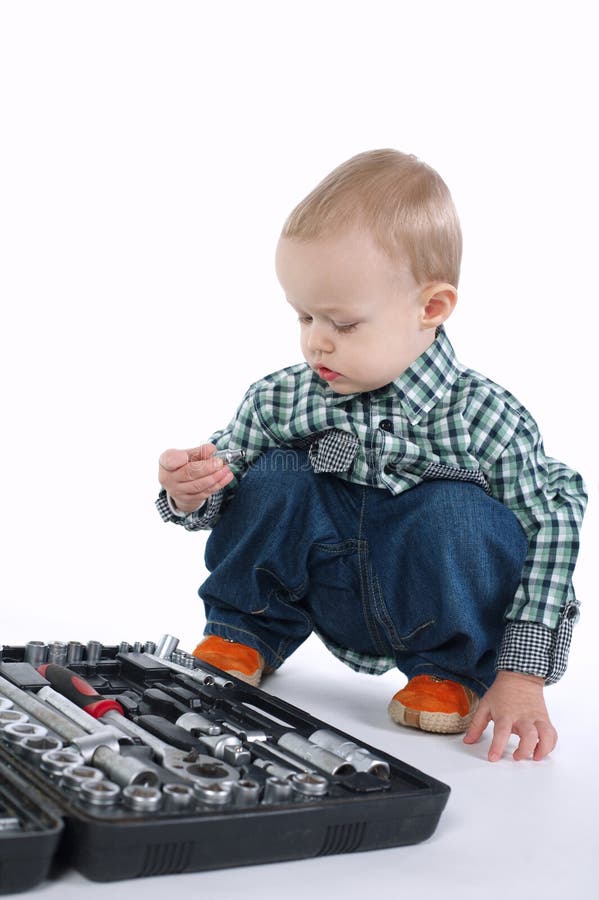 Little Boy Plays with Tools Case Stock Photo - Image of person, child ...