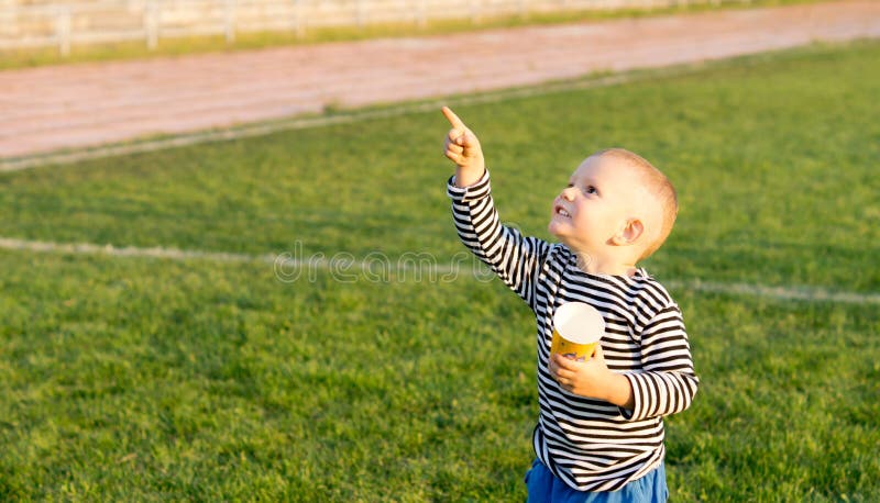 Little Boy Pointing At The Sky Stock Photo - Image of lawn, field: 27304964