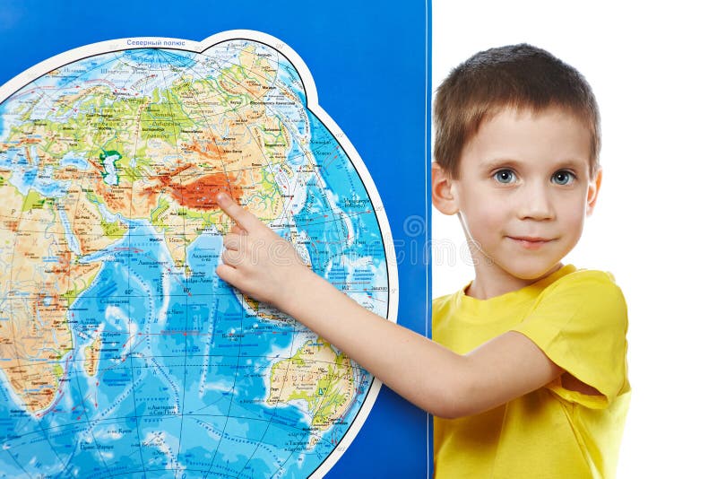 Little Boy Points To Place on World Map. Stock Image - Image of child ...