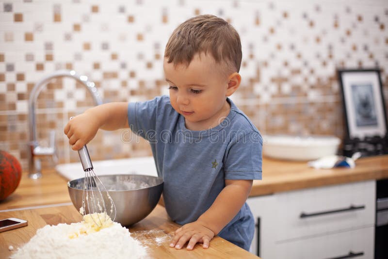 Little Boy Preparing Pie Dough in the Kitchen. Stock Image - Image of ...