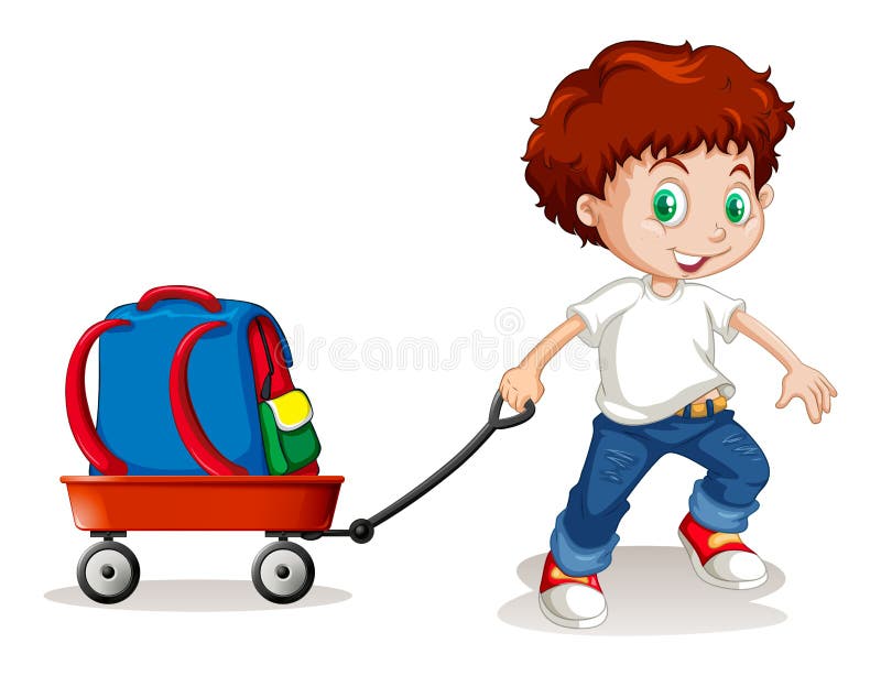 Little Boy Pulling Cart with Backpack on it Stock Vector - Illustration ...