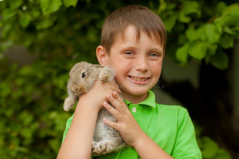 Little Boy with a Rabbit in His Hands Stock Photo - Image of boys, lawn ...