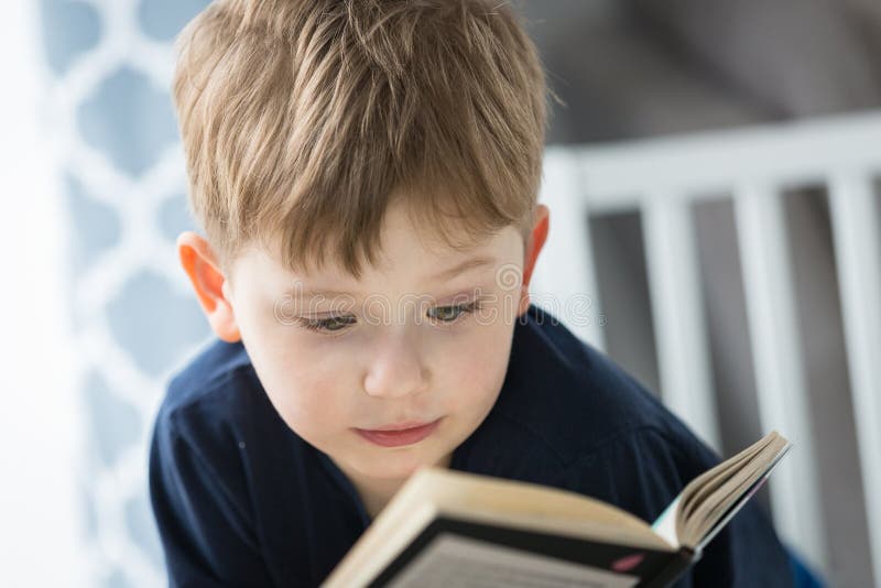 Little Boy Reading a Book at Home Stock Image - Image of eyes ...