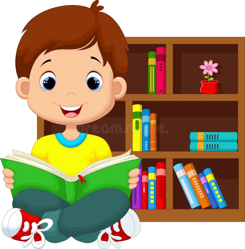 Little boy reading a book stock illustration. Illustration of library ...