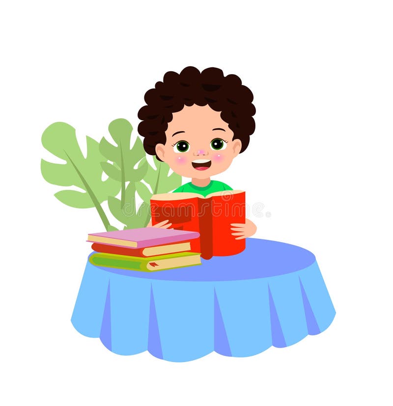 Little Boy Reading a Book on a Table Stock Vector - Illustration of ...