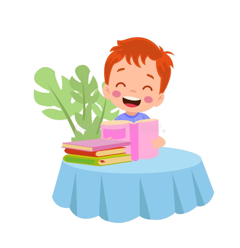 Little Boy Reading a Book on a Table Stock Vector - Illustration of ...