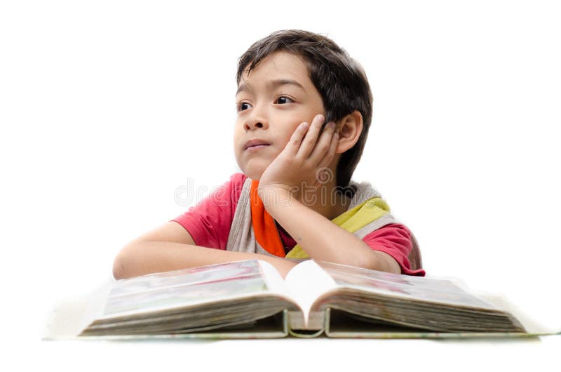 Little Boy Reading A Book And Think Isolate Stock Image - Image of ...