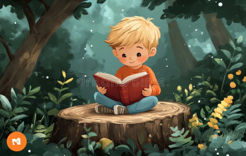 Little Boy Reading in the Forest Illustration Stock Illustration ...
