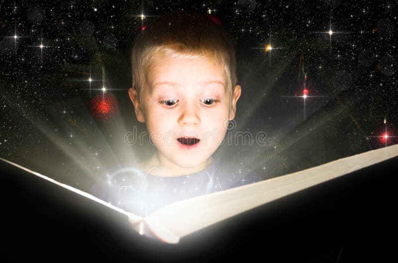 Little Boy Reading Magic Book Stock Image - Image of fantasy, person ...