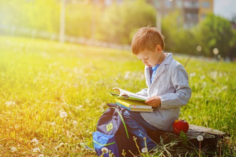 Little Boy Reads a Book in Sunny Day, Outdoors Stock Photo - Image of ...