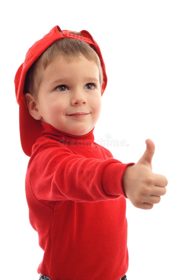 Little Boy in Red Hat with Thumb Up Sign Stock Photo - Image of ...