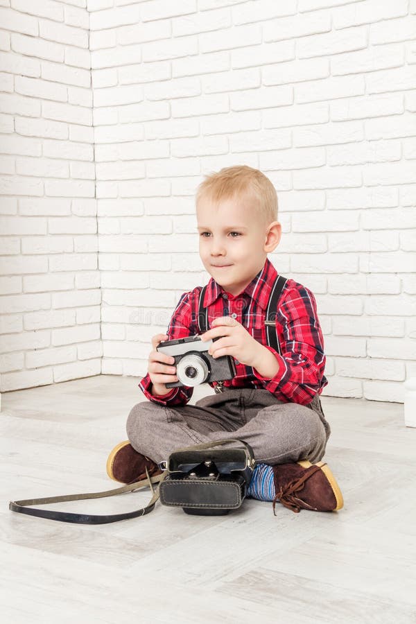 Little Boy with Retro Camera Stock Image - Image of person, white: 78566811