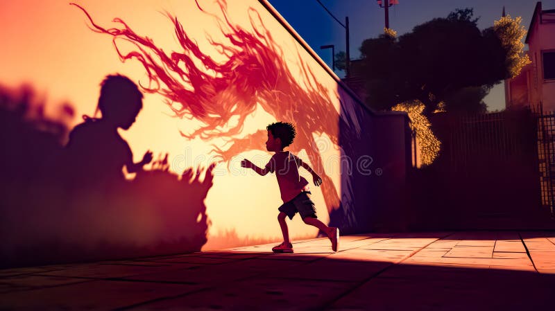 Little Boy Running in Front of Wall with Shadow on it. Generative AI ...
