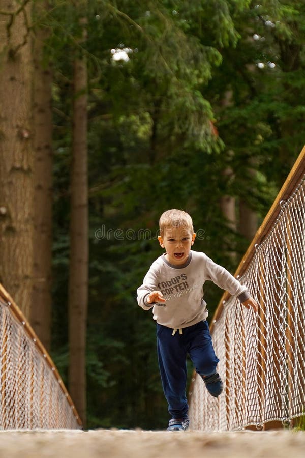 A Little Boy Runs in Horror through the Forest. Stock Image - Image of ...