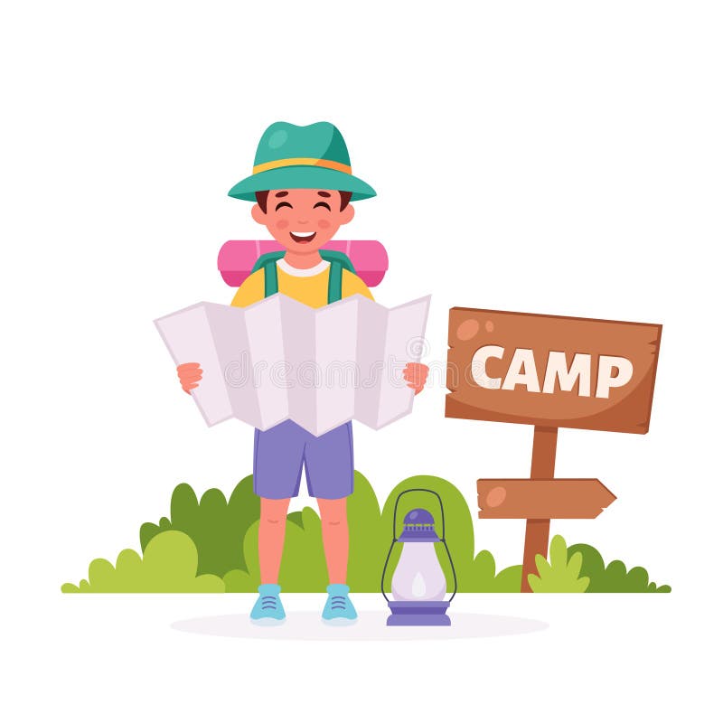 Little Boy Scout with Map, Backpack. Camping Concept. Summer Kids Camp ...
