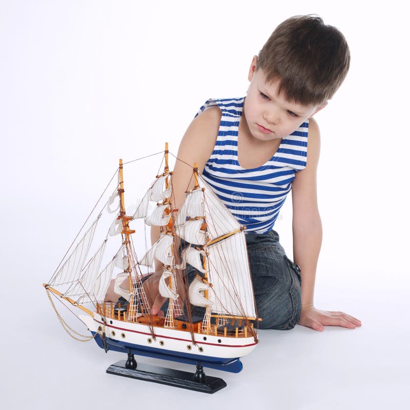 Little Boy with Ship on White Stock Photo - Image of person, little ...