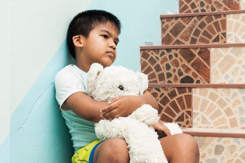 Little Boy Sitting Alone at Staircase Stock Image - Image of child ...