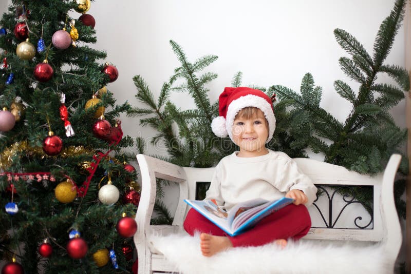Little Boy, Sitting on a Bench Under Christmas Tree, Eating Choc Stock ...