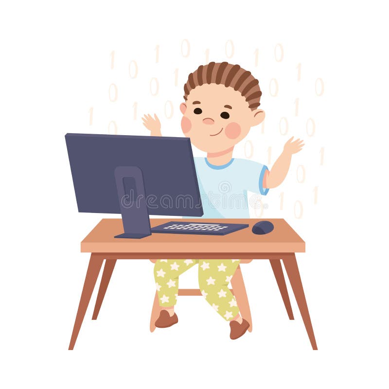 Little Boy Sitting at Computer and Coding Programming and Engineering ...