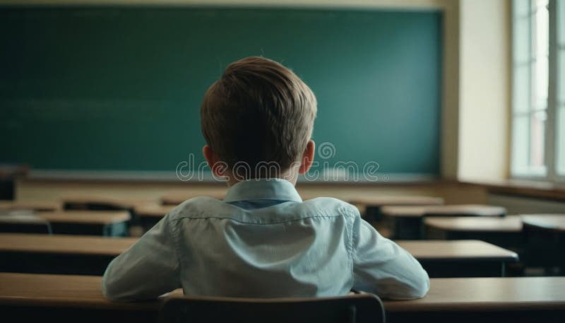 Little Boy Sitting at a Desk in the Classroom, Rear View. Back To Shool ...