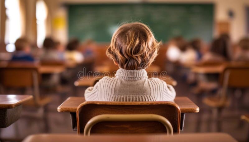 Little Boy Sitting at a Desk in the Classroom, Rear View. Back To Shool ...
