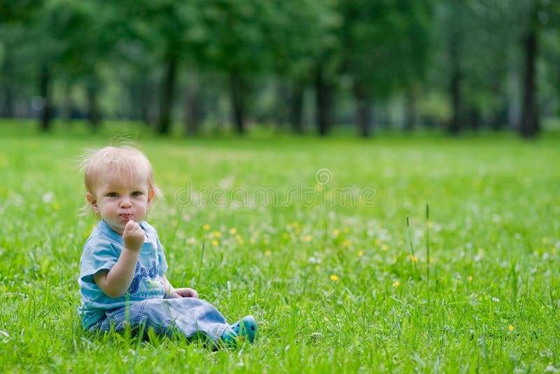 Little Boy Sitting on Grass Stock Photo - Image of garden, meadow: 14848092