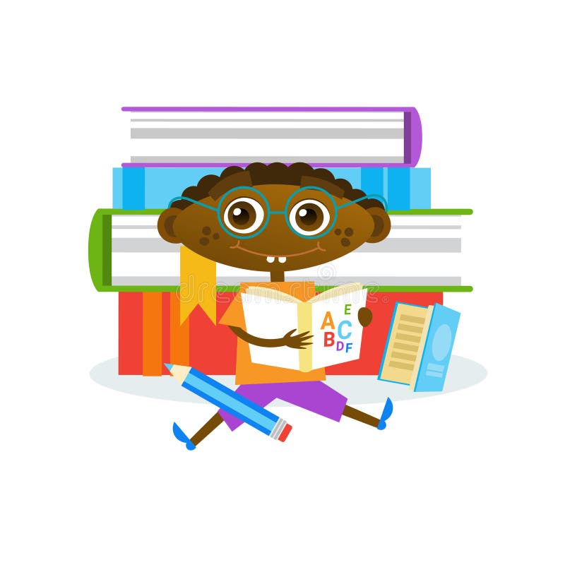 Little Boy Sitting at Stack of Books Reading Cute Kid Stock Vector ...