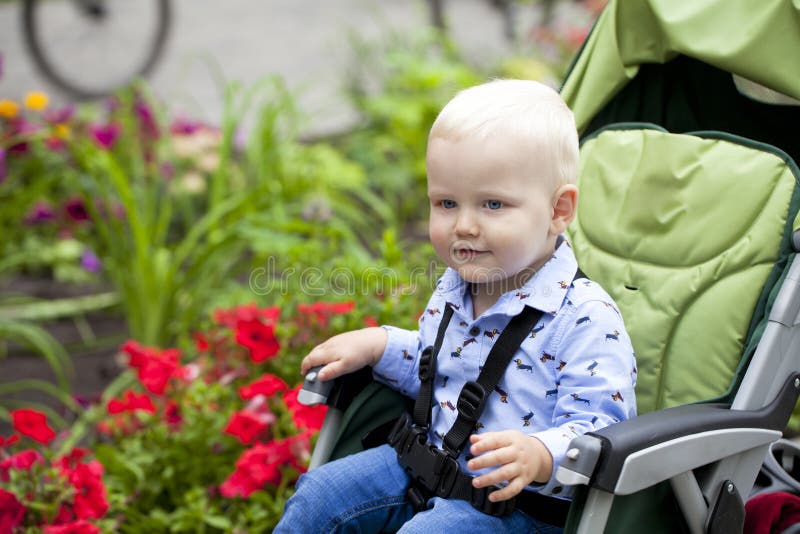 Little Boy Sitting in Stroller Stock Photo - Image of summer, buggy ...