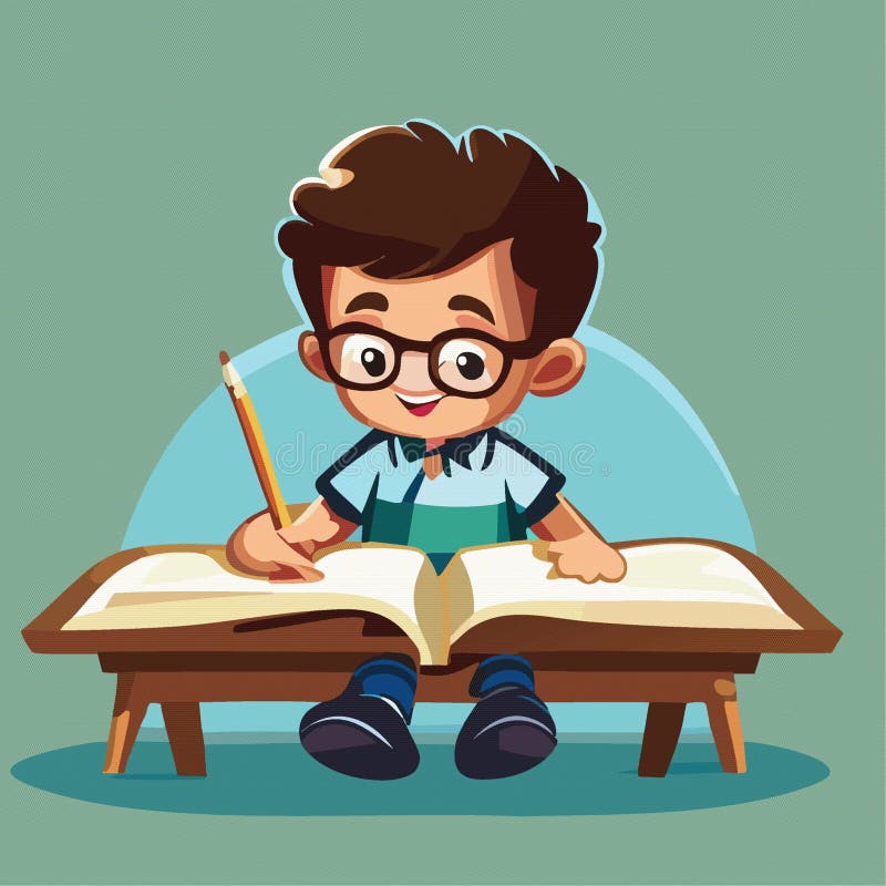 Little Boy Sitting at Table and Reading Book, Learn and Doing Homework ...