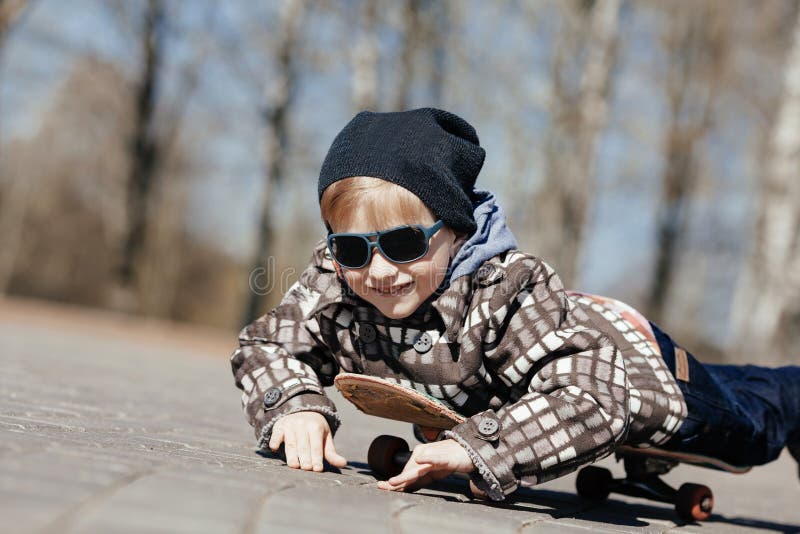 Little Boy with Skateboard on the Street Stock Image - Image of casual ...