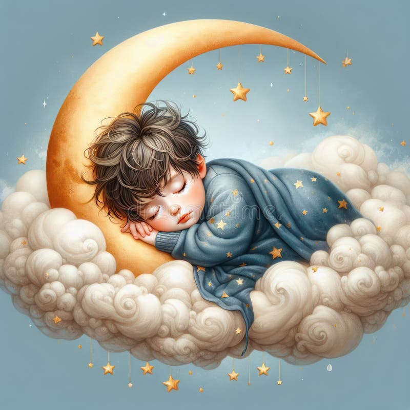 A Little Boy Sleeping on a Crescent Moon. Stock Photo - Image of happy ...