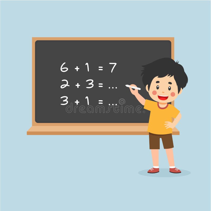 Little Boy Solving Math Problem Blackboard Stock Vector - Illustration ...