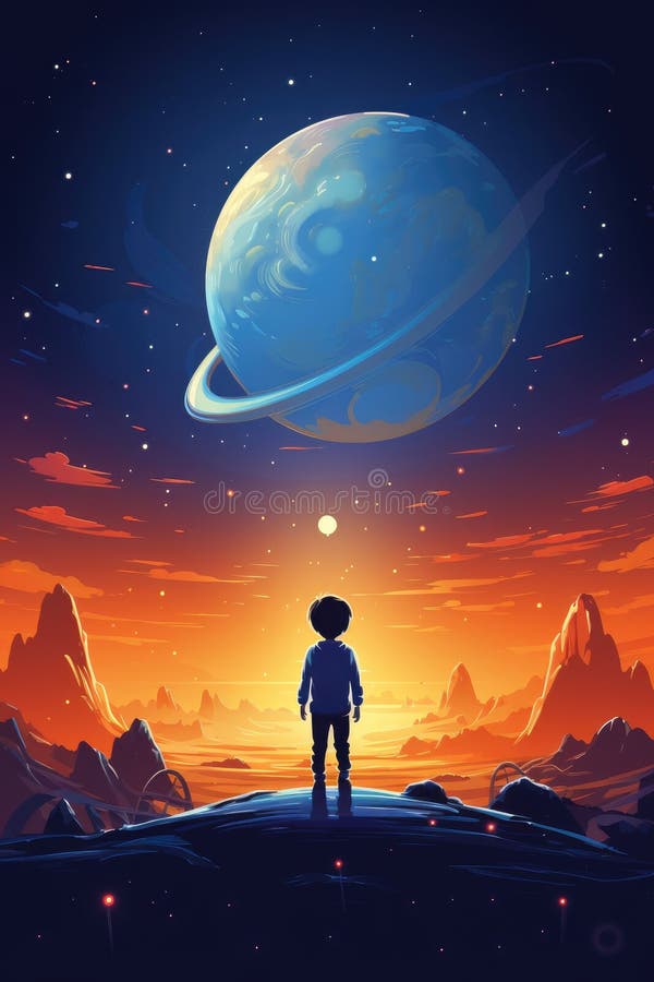 Little Boy in Space Looks at Moon AI Generated Stock Illustration ...
