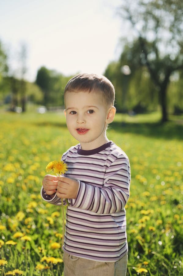 Little Boy in Spring Dandelion Meadow Stock Photo - Image of happy ...