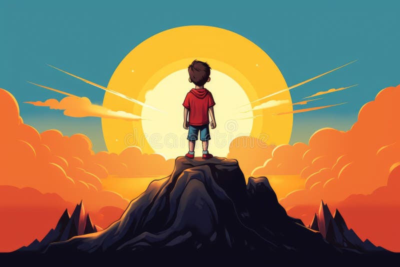 Little Boy Stand on Cliff Look in Sky AI Generated Stock Illustration ...