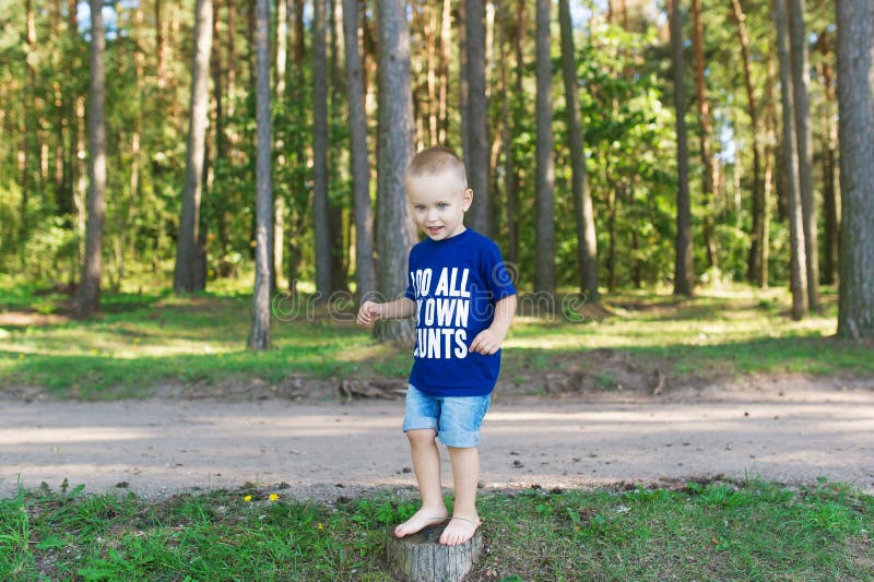 The Little Boy Stand on the Stump Stock Image - Image of scene ...