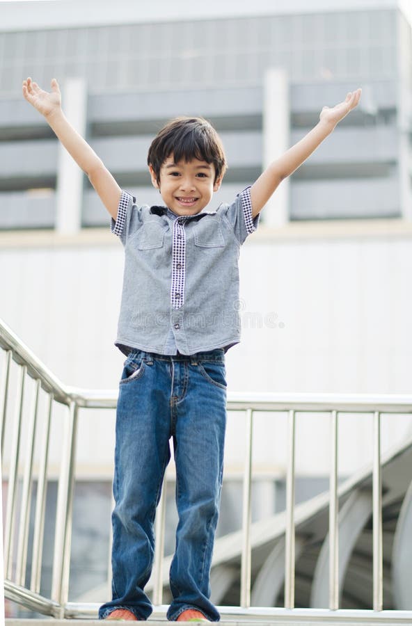 Little Boy Stand Up and Show Hands Up Stock Image - Image of look ...