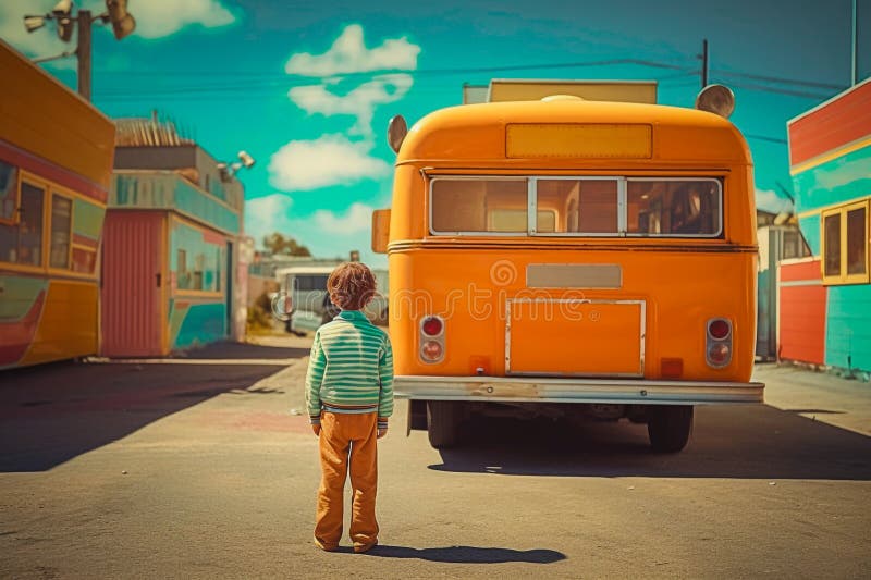 Little Boy Standing Behind a Bus in a Small Town, 1970s View ...