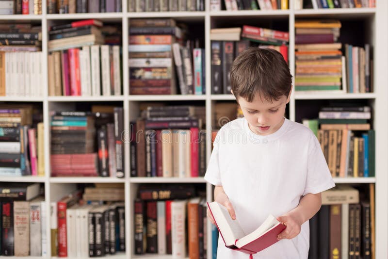 Little Boy Standing in Front of Bookshelf and Reading Stock Photo ...