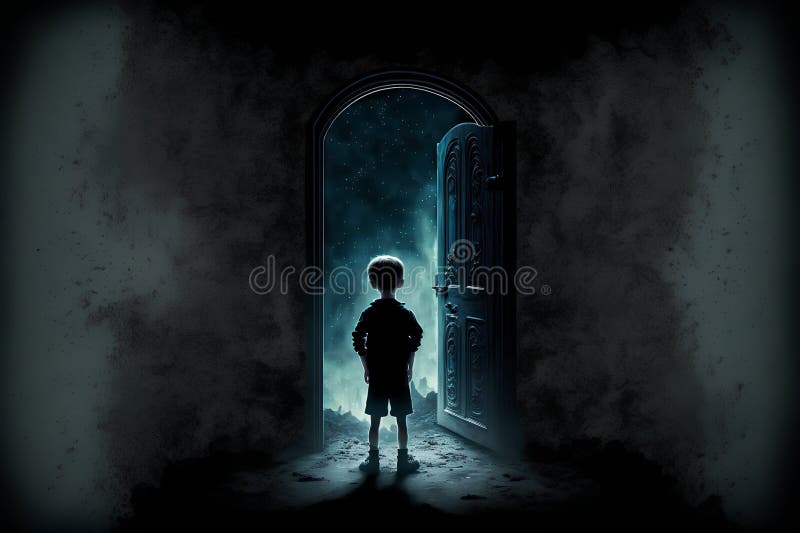 Little Boy Standing in Front of a Door in a Dark Room. Stock ...